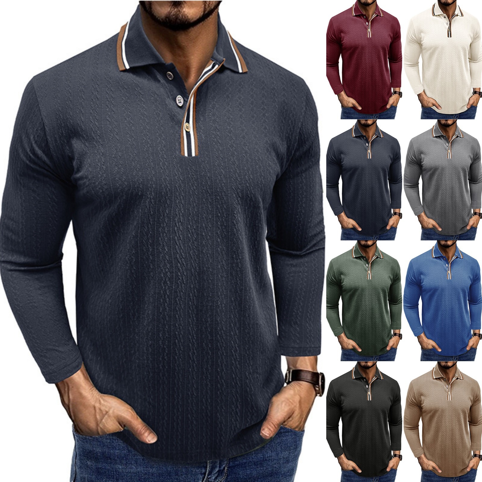 Zimjoy Mens Polo Shirts Business Long Sleeve Ribbed Textured Polo ...