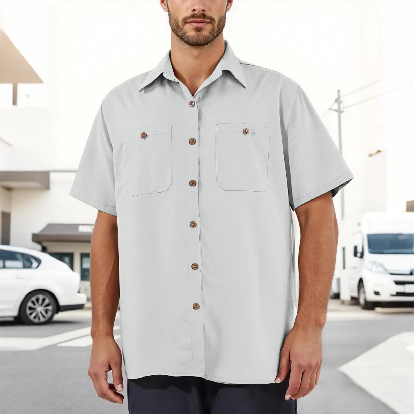 Zimjoy Mens Work Shirts Relaxed Fit Big and Tall Short Sleeve Cargo Shirts Men Casual Collar ...