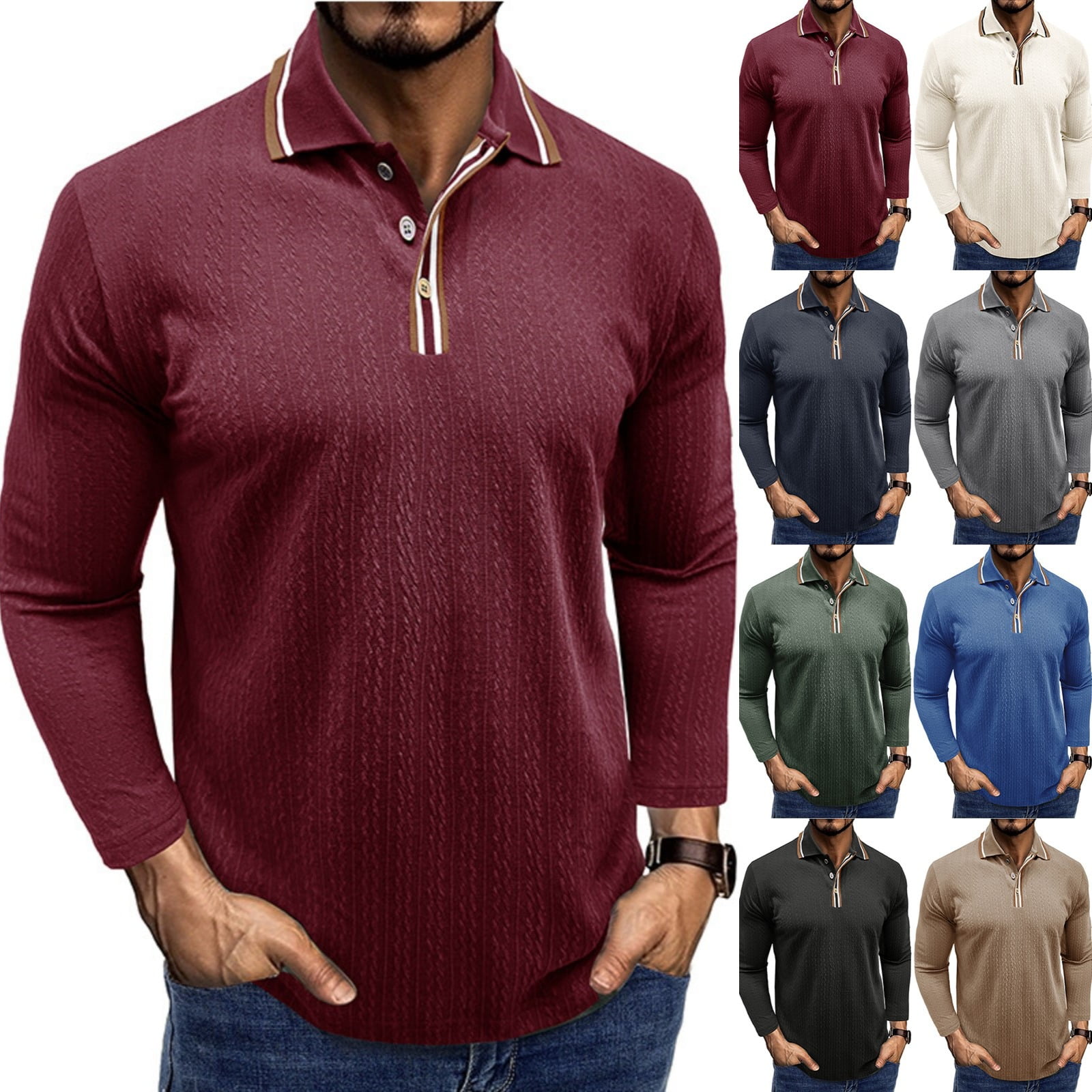 Zimjoy Red Golf Polos for Men Casual Long Sleeve Texture Knitted Mens ...