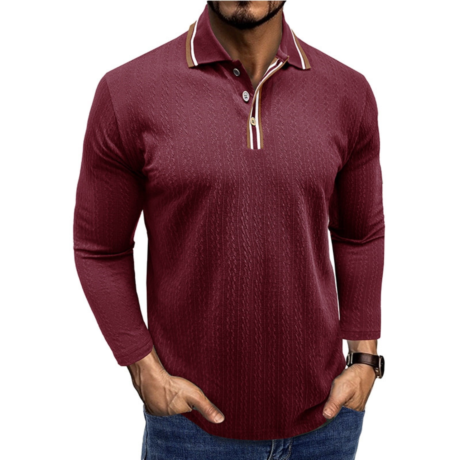 Zimjoy Red Polo Shirts for Men Long Sleeve Ribbed Textured Regular Fit ...