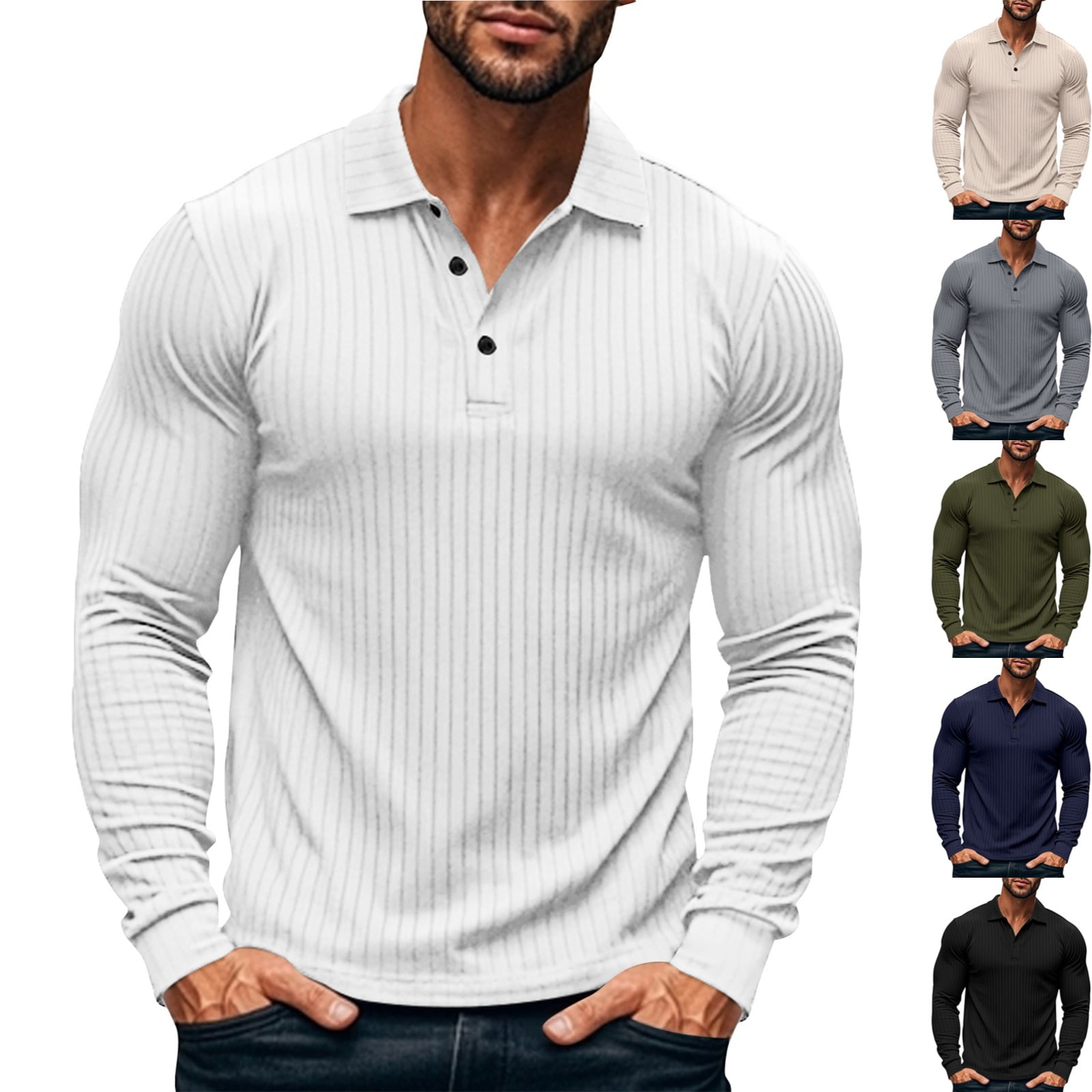 Zimjoy White Golf Shirts for Men Business Long Sleeve Ribbed Textured ...