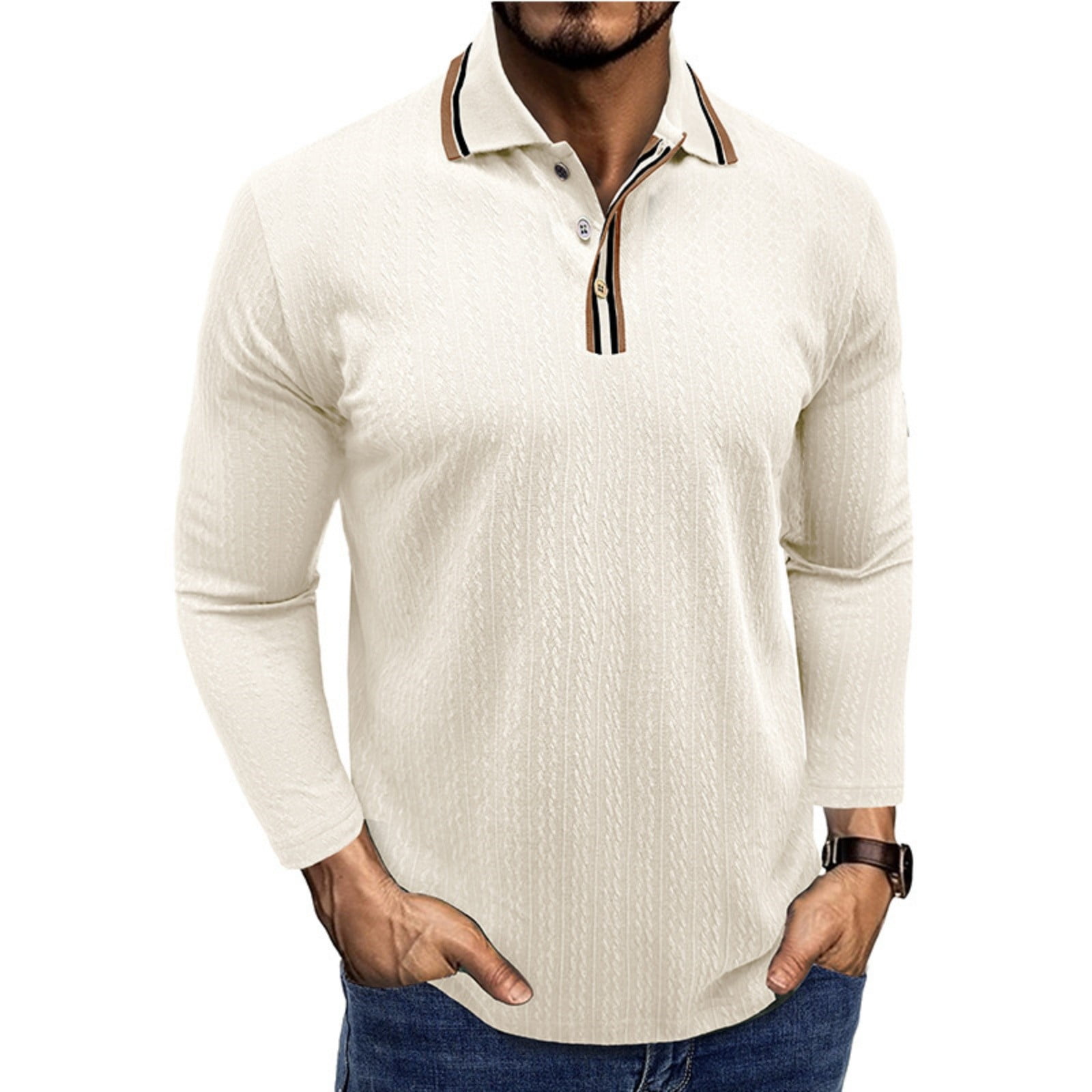 Zimjoy White Golf Shirts for Men Casual Long Sleeve Textured Mens Polo ...