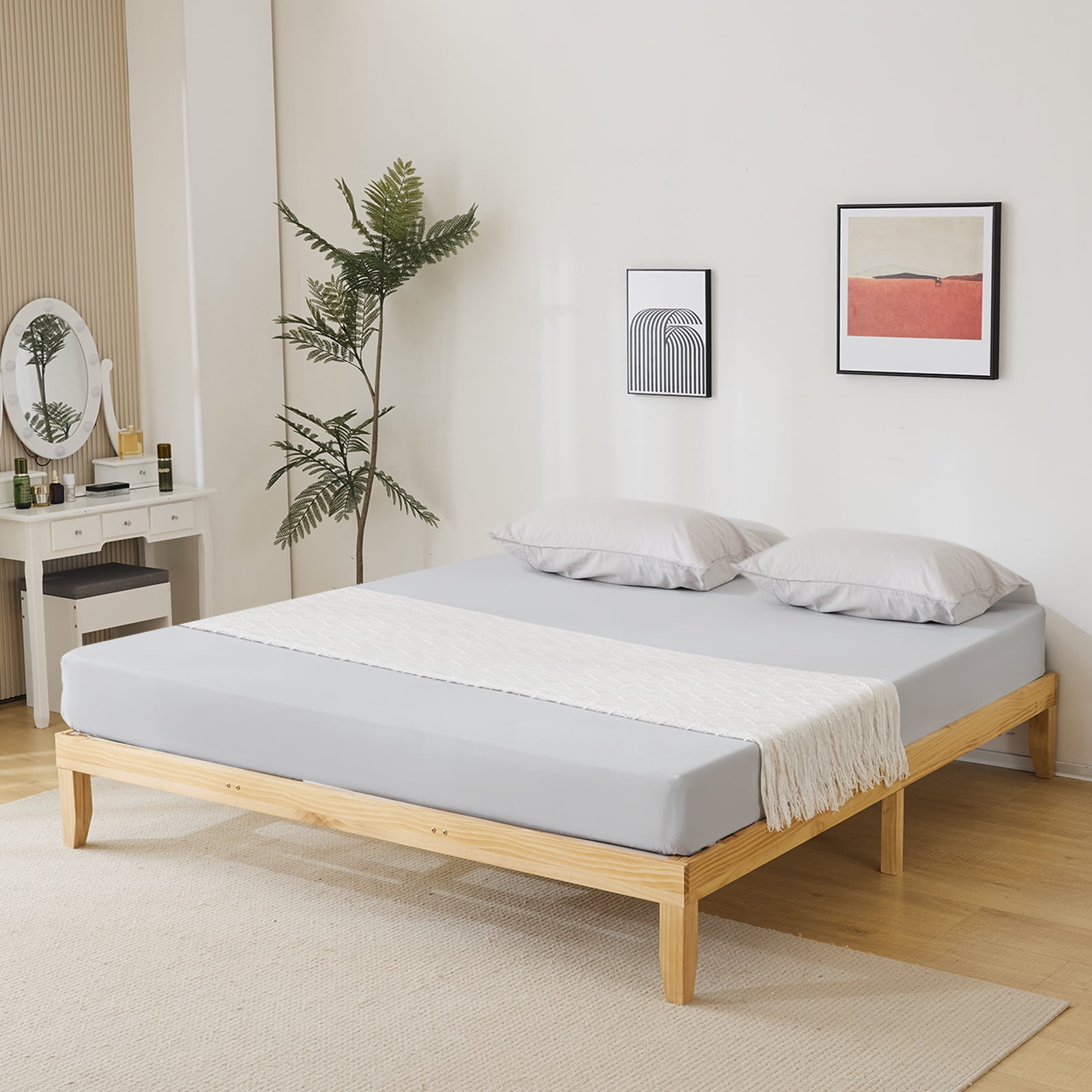 Zimtown 12" Solid Wood Platform Bed with Wooden Slats, King, Natural ...