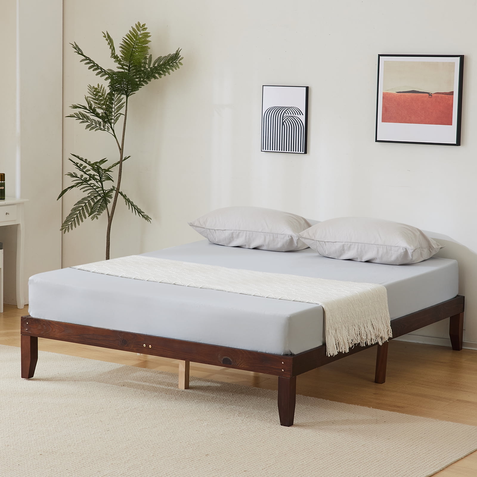 Zimtown 12" Solid Wood Platform Bed with Wooden Slats, Queen, Natural ...