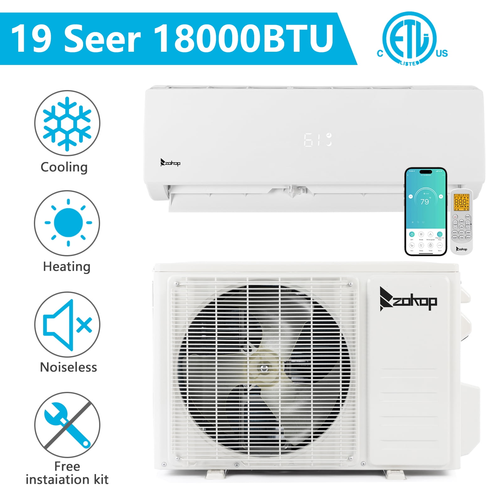 Zimtown 19 Seer 18000BTU Wifi Enabled Mini Split Air Conditioner ...