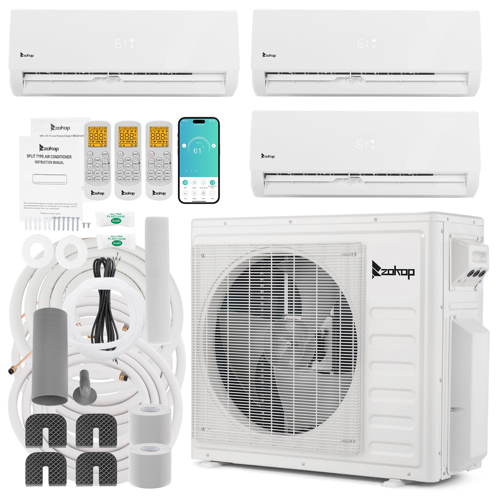 Zimtown 27000 BTU ODU 3 Dual Zone 9000 + 12000 + 12000 BTU Wifi Mini ...