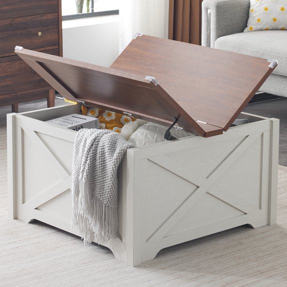 Zimtown 31.5" Farmhouse Coffee Table with Concealed Storage, Rectangle ...