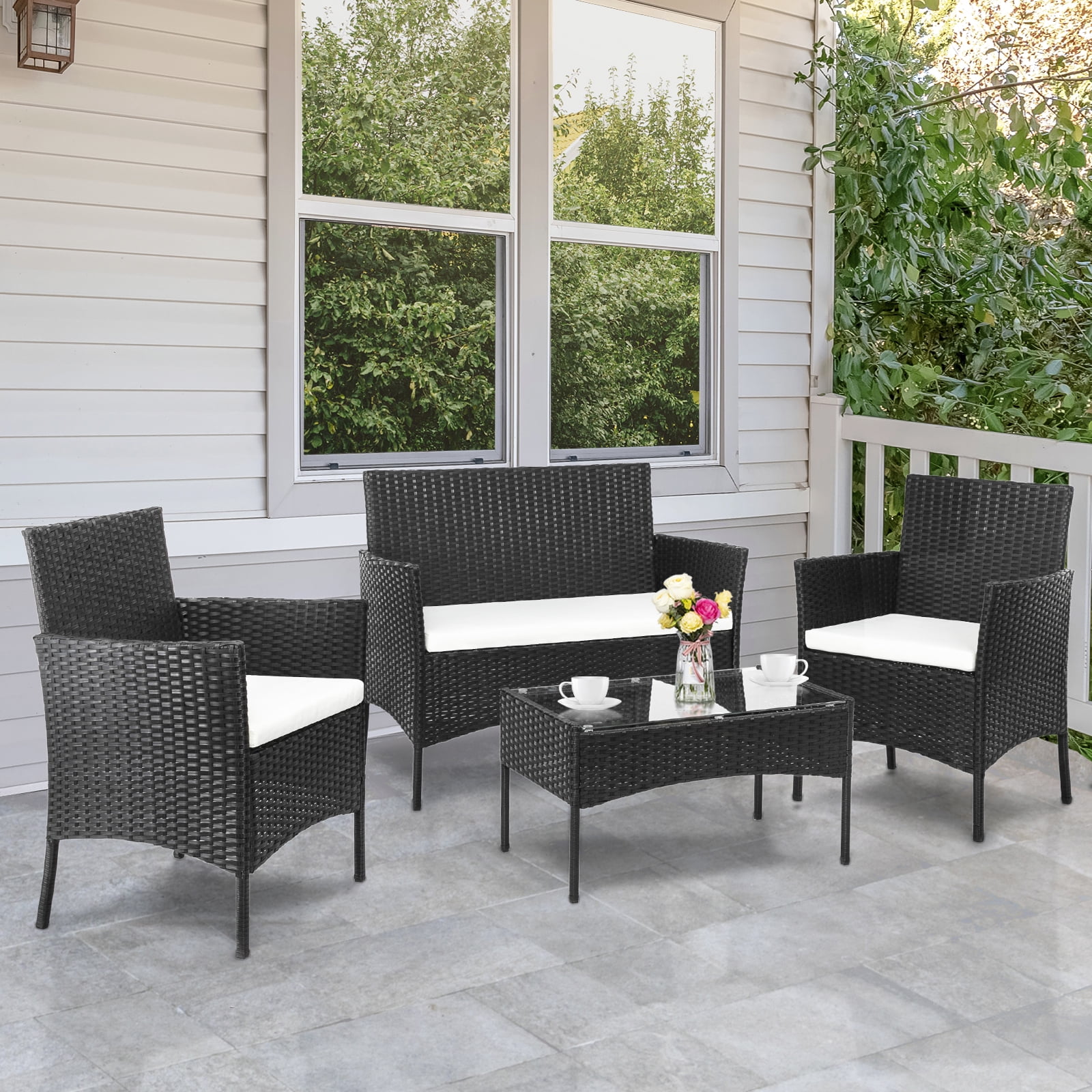 Zimtown 4pc Outdoor PE Rattan Set, Metal Frame, Lawn & Backyard Seating ...