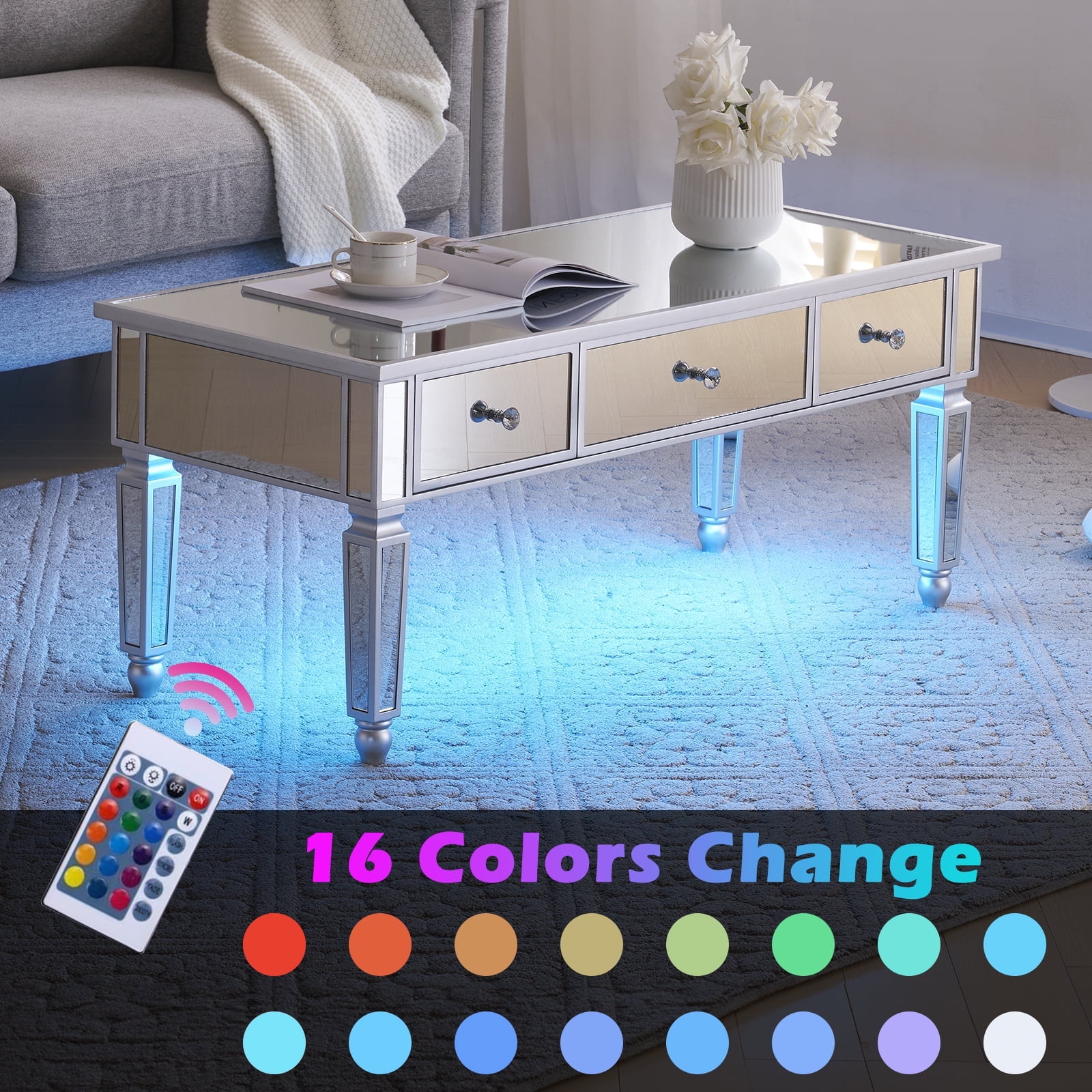 Zimtown 42'' LED Lit Mirrored Coffee Table, 3 Drawers, Silver - Walmart.com