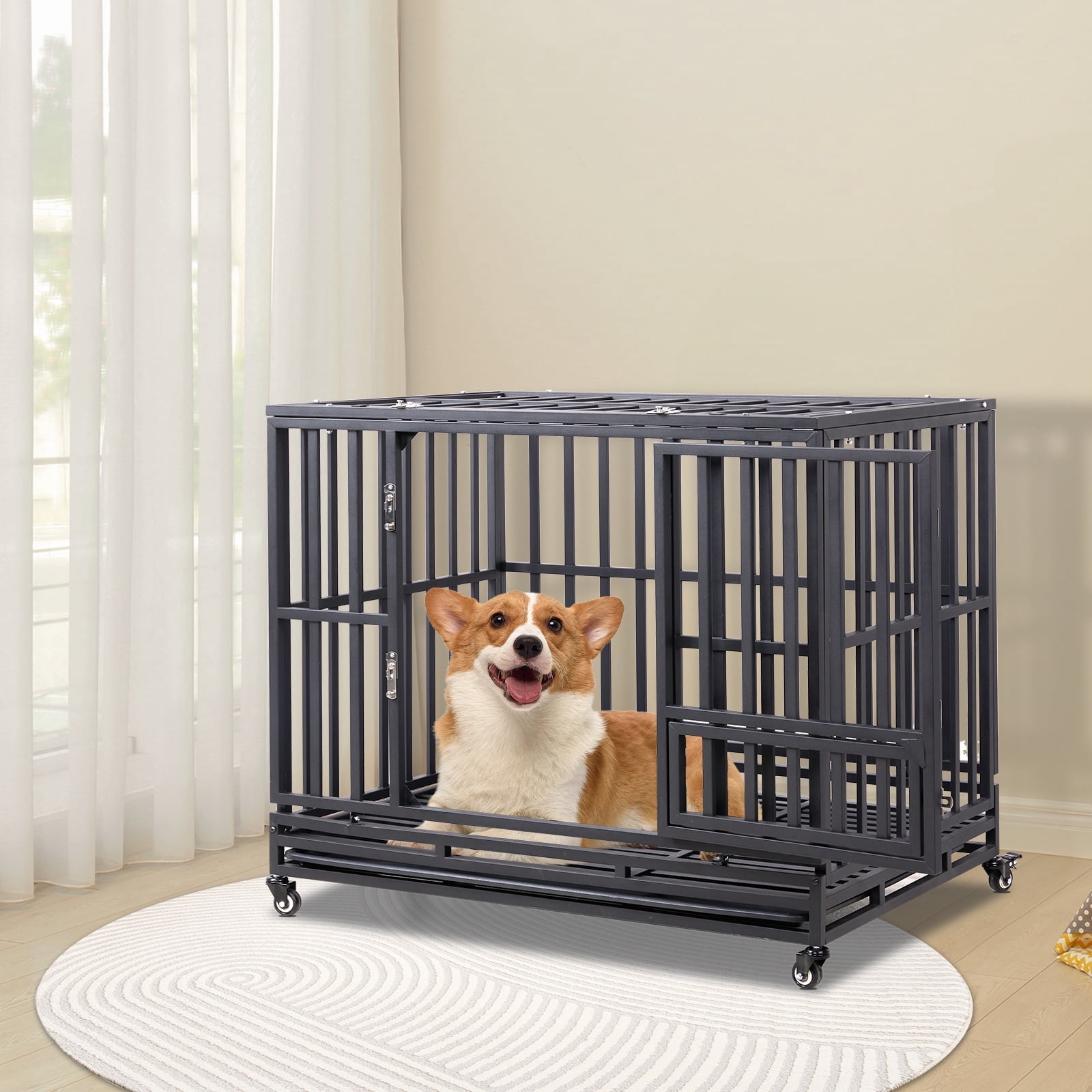 Zimtown 42in Heavy Duty Dog Crate with Wheels, 3-Door Steel Kennel ...
