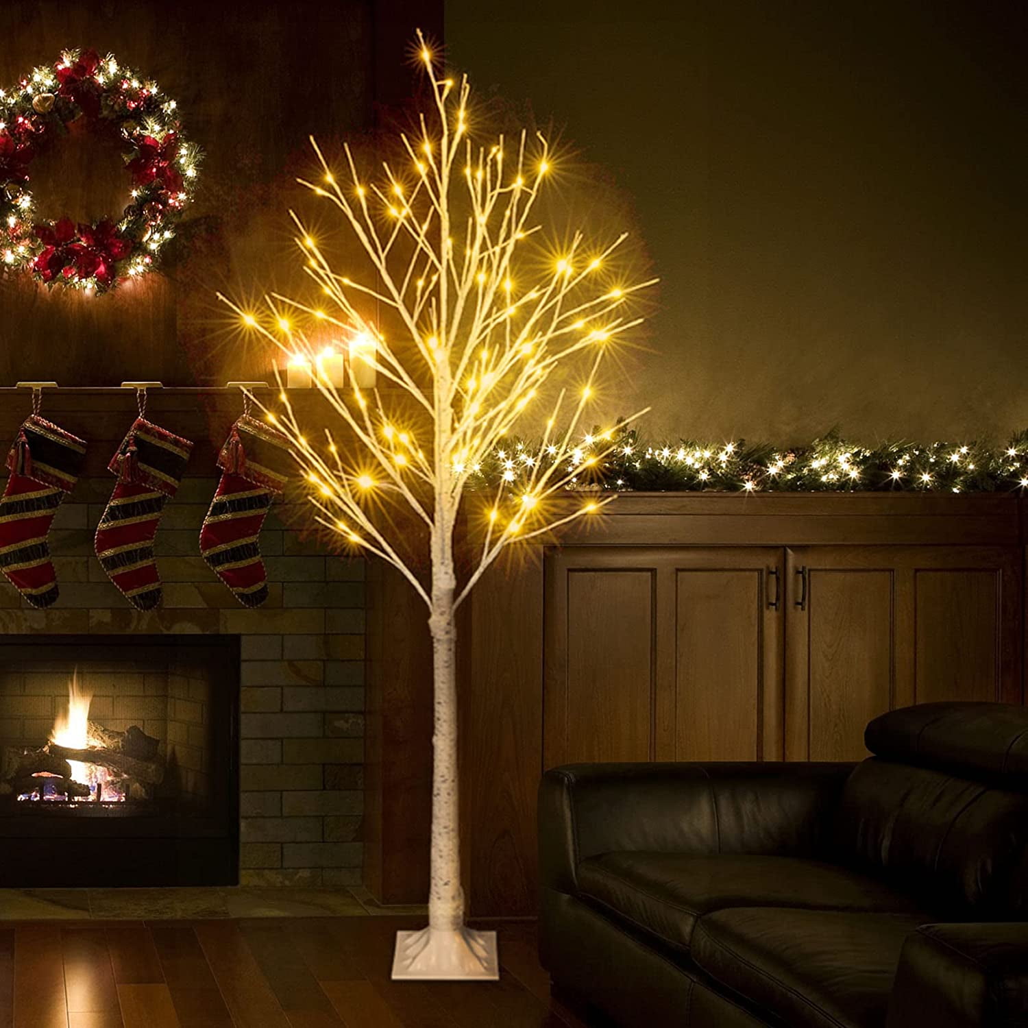 Zimtown 4FT Birch Tree, Artifical Christmas Tree, with 48 Warm White ...