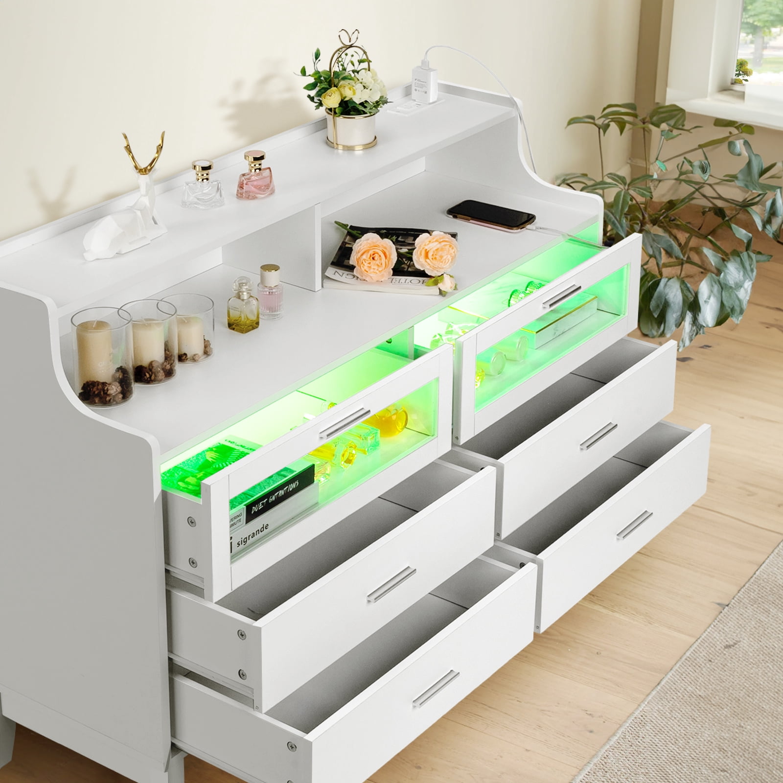 Zimtown 6-Drawer Dresser with LED & Charging Station, White - Walmart.com