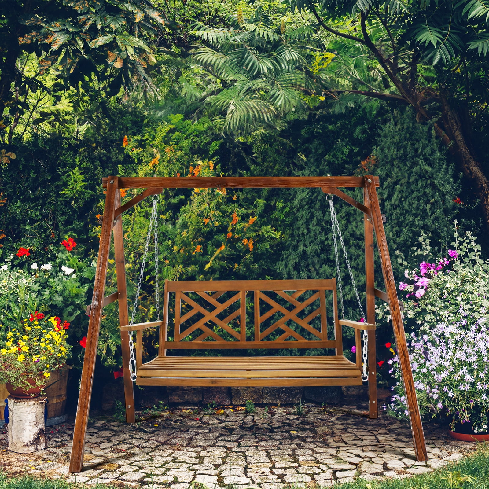 Zimtown 800LBS Patio Porch Swing for Courtyard & Garden, Wooden Outdoor ...