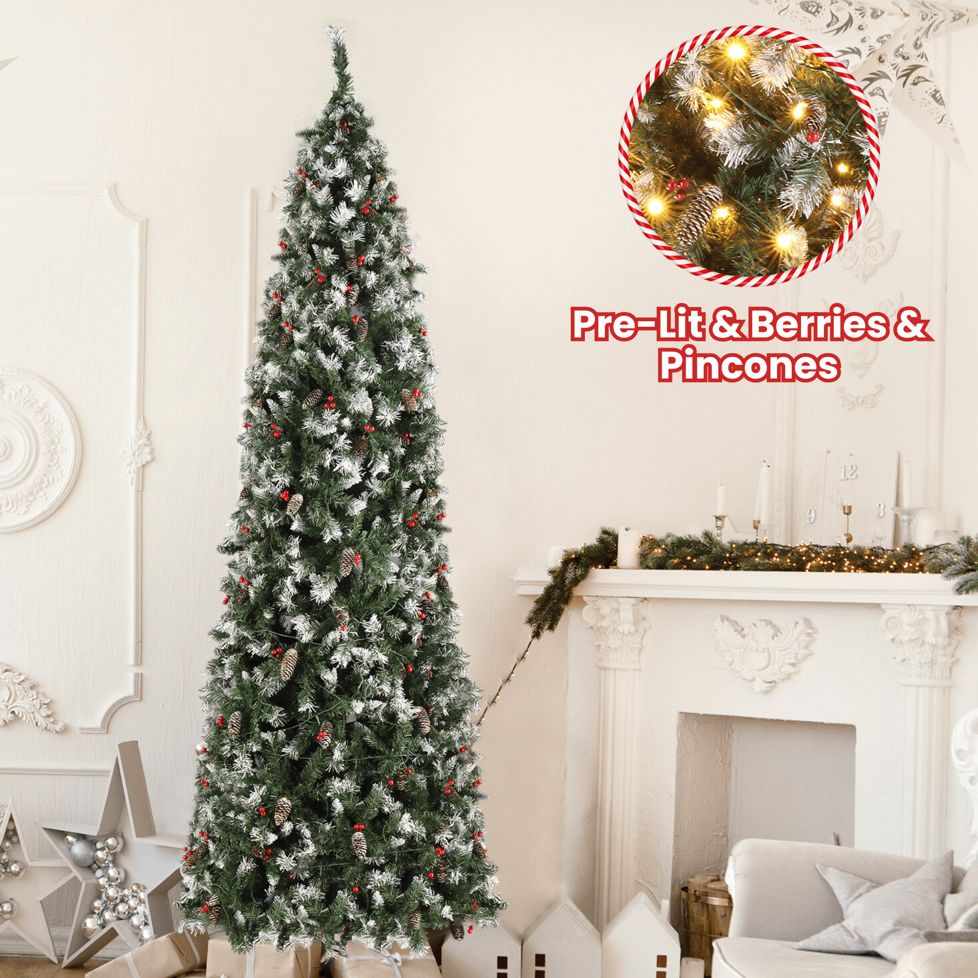 Zimtown 9ft Pencil Tree Pre-Decorated Slim Sticky Christmas Tree with ...