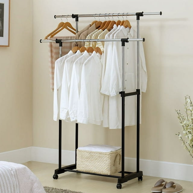 Zimtown Adjustable Clothes Movable Double Rod Garment Rack with Wheels ...