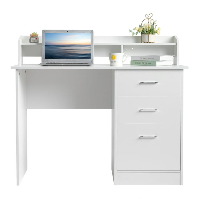 Simple Style Computer Desk with 3 Drawers and Storage Shelves White