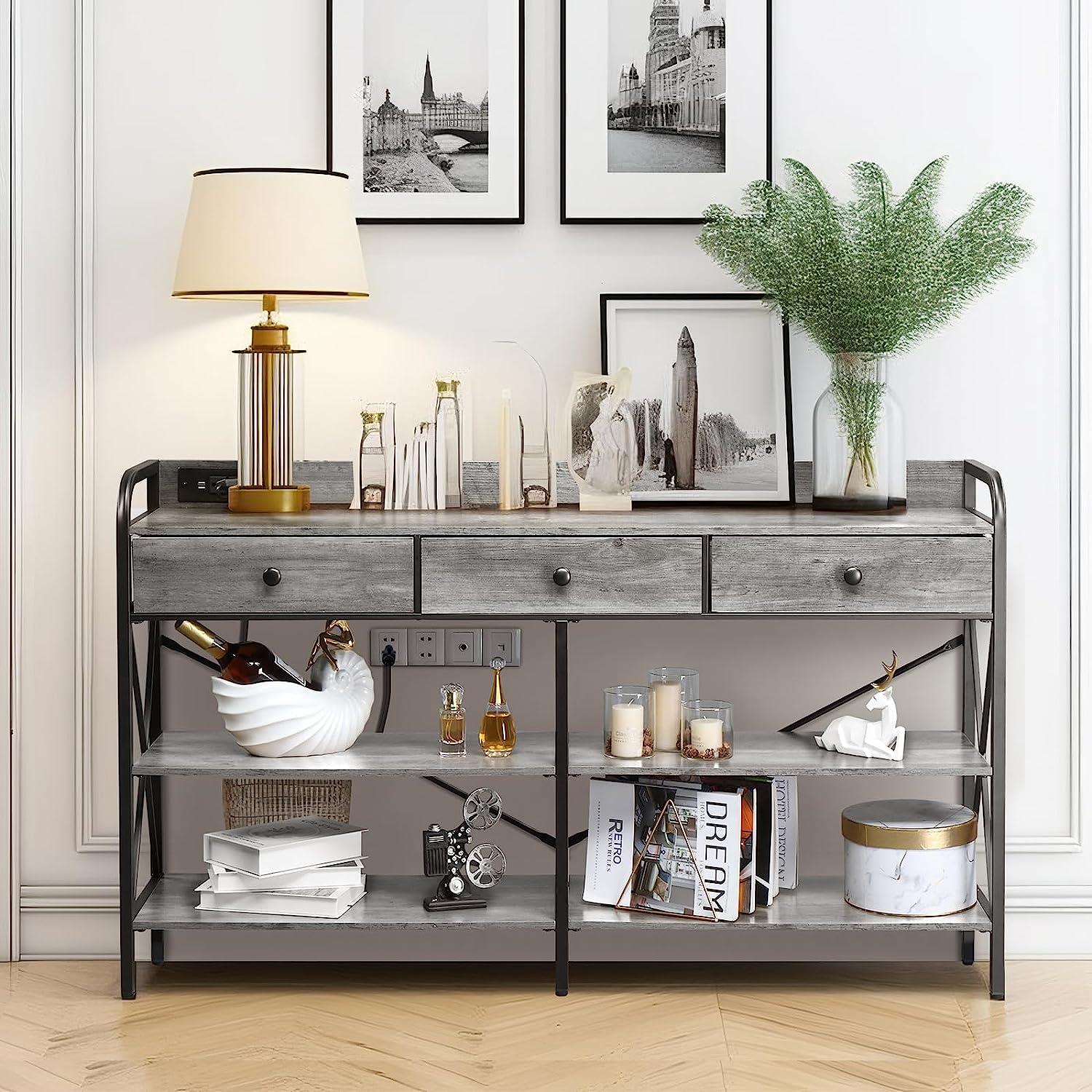 DecorTech Industrial Rectangular Wood Console Table with AC Power and ...