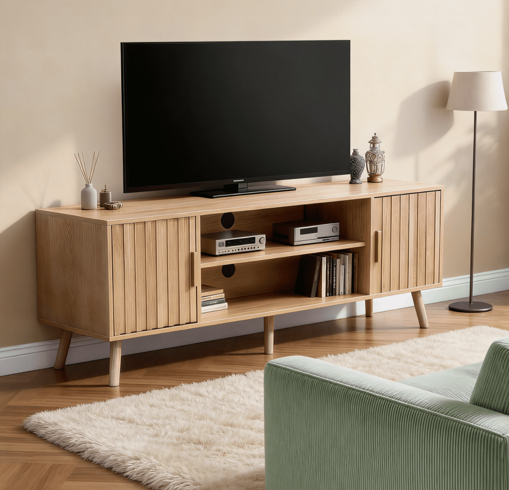 Zimtown Farmhouse TV Stand with 2 Fluted Doors, 58" Mid-Century ...