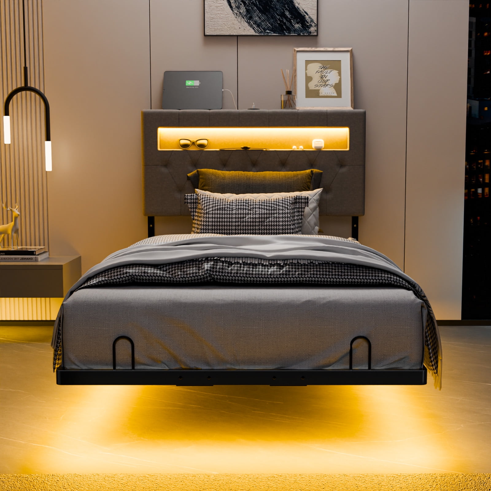 Zimtown Floating Bed Frame Twin Size Metal Platform Bed for Bedroom, No ...