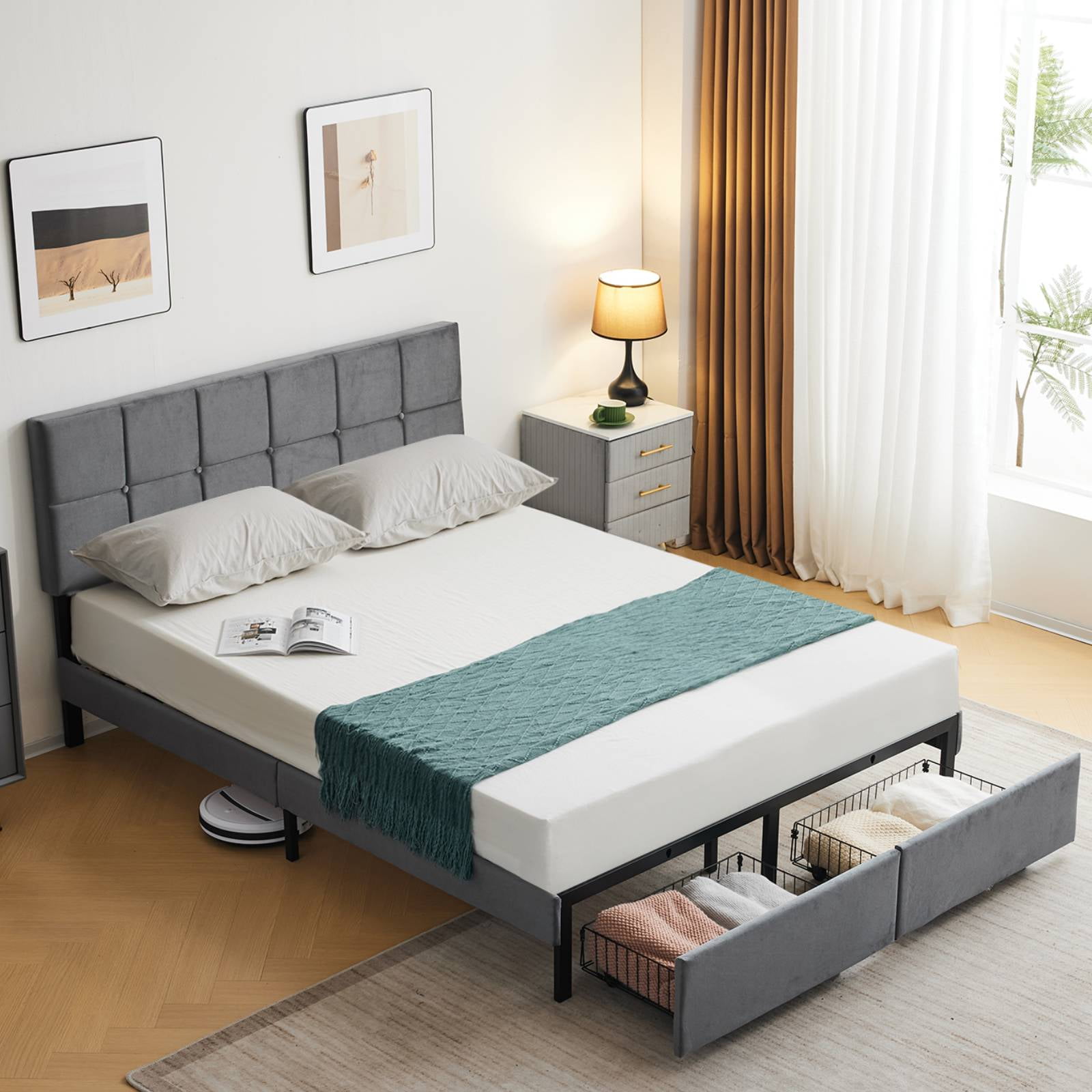 Zimtown Full Size Bed Frame with Underbed Storage, 2 Drawers, Velvet ...