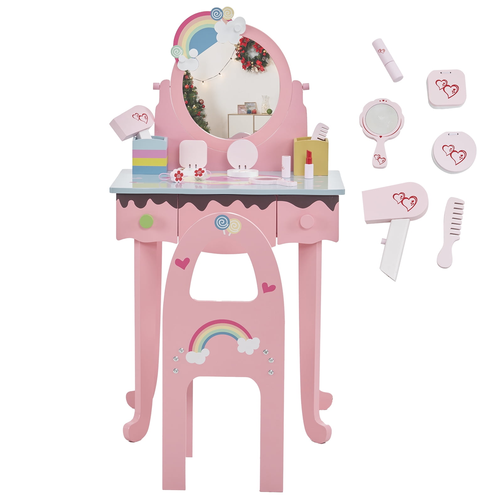 Zimtown Kid's Vanity Table Wooden Makeup Desk,Kids Makeup Set with ...