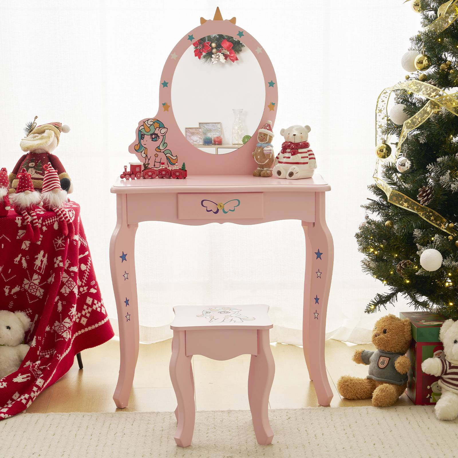 Zimtown Kid's Vanity Table Wooden Makeup Desk W/ Mirror,Stool,Drawer ...
