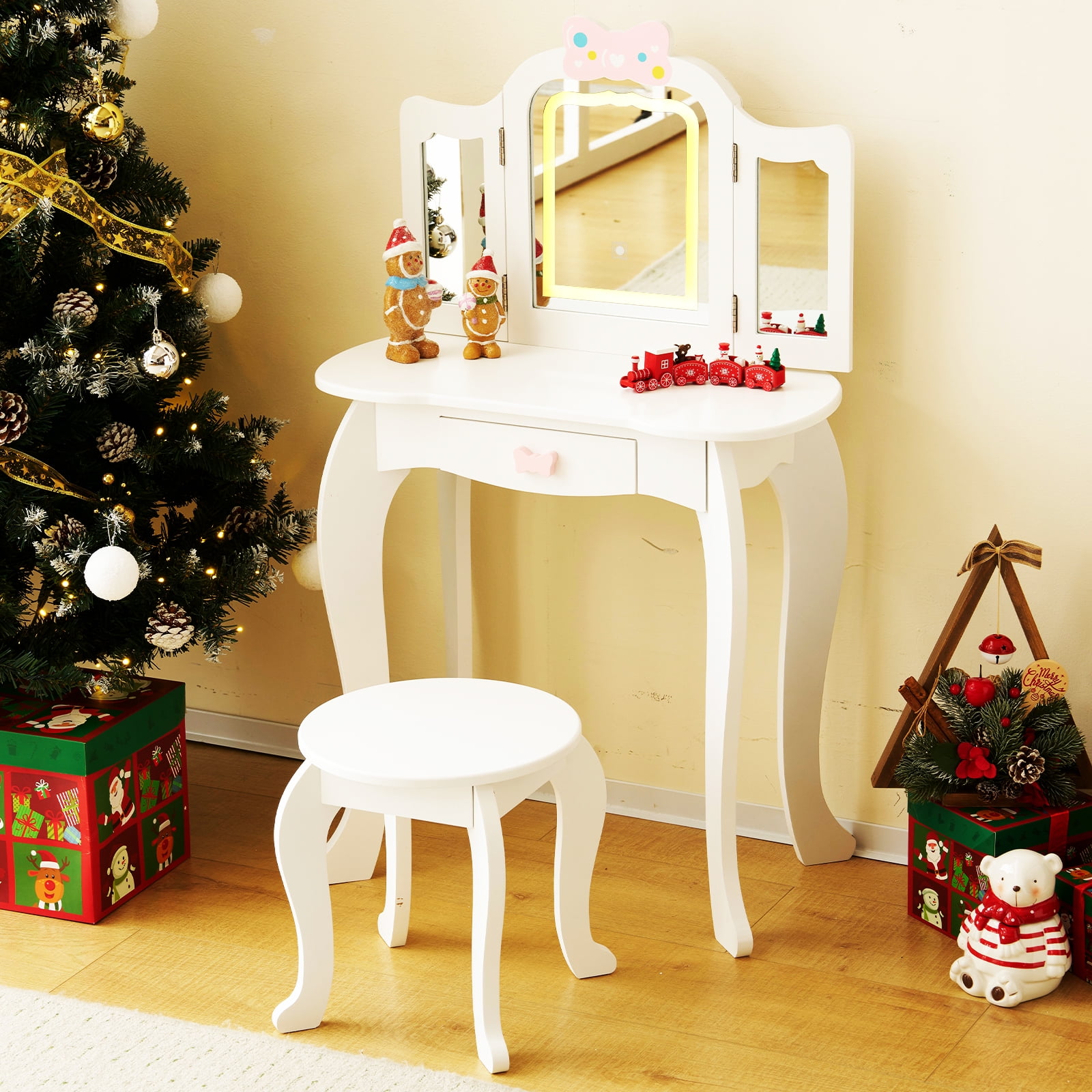 Zimtown Kids Vanity Princess Dressing Table with 3 Color LED Light, Play Toy Makeup Vanity Set ...