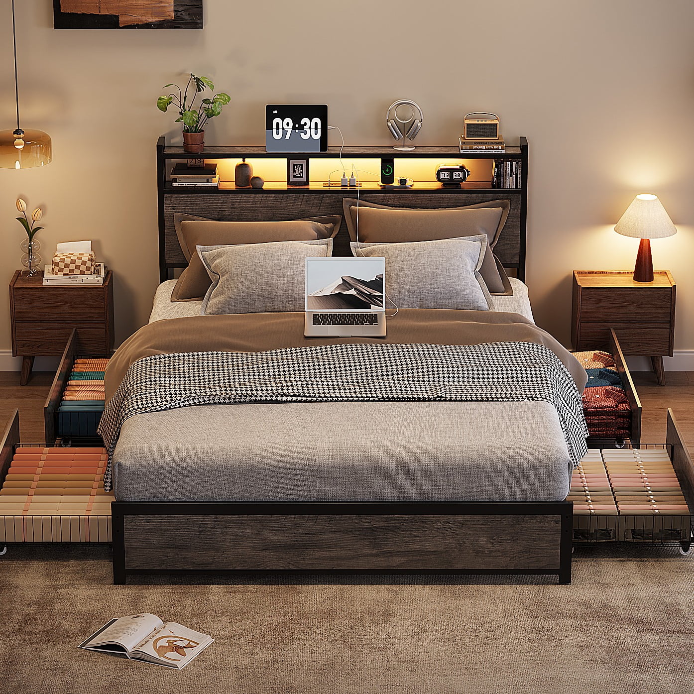 Zimtown King Bed Frame with 2-Tier Storage Headboard, Metal Platform ...