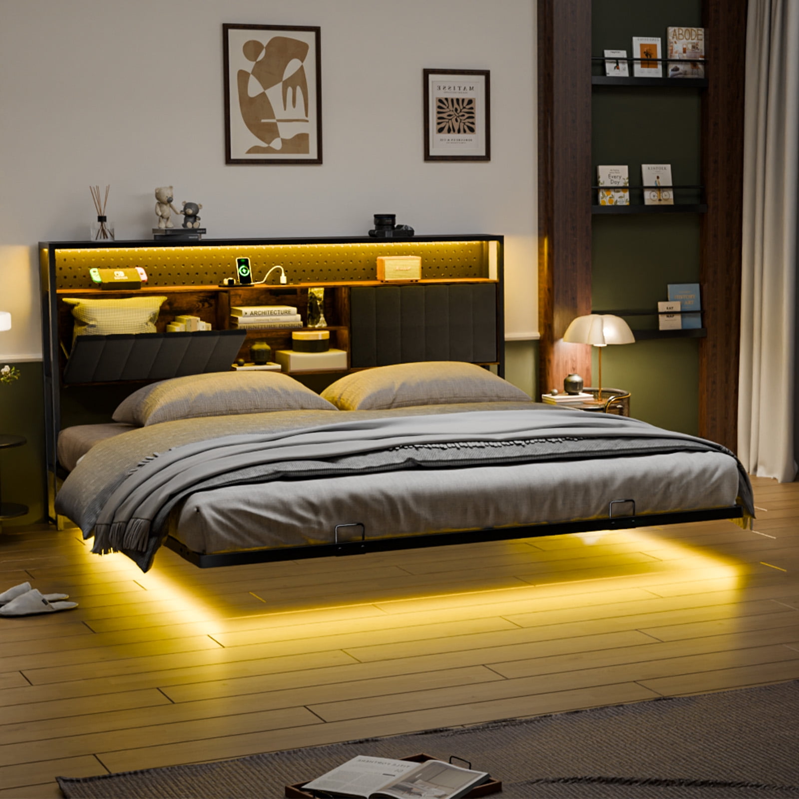 Zimtown King Floating Bed Frame, Platform Bed with Charging Station, No ...