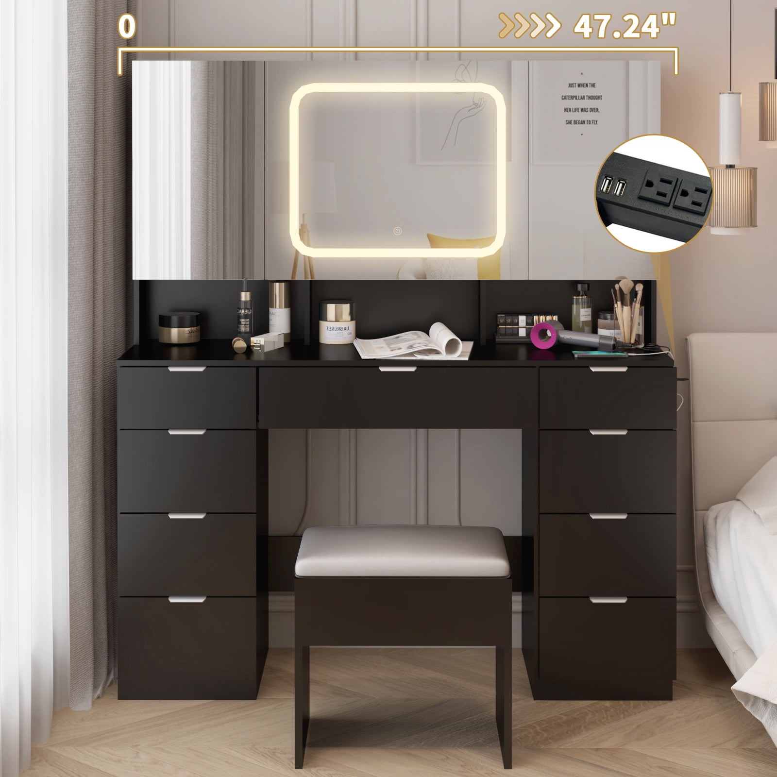 Zimtown Large 47.24" Makeup Vanity Table Set with Hidden Mirror Storage ...