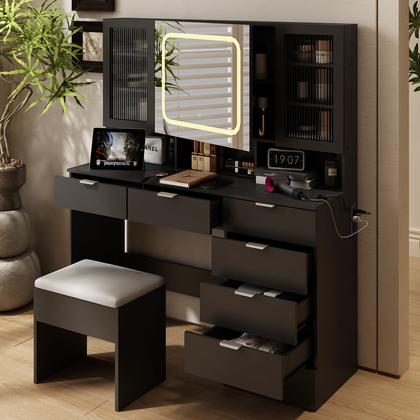 Zimtown Large 47.24" Makeup Vanity Table Set with Hidden Mirror Storage ...