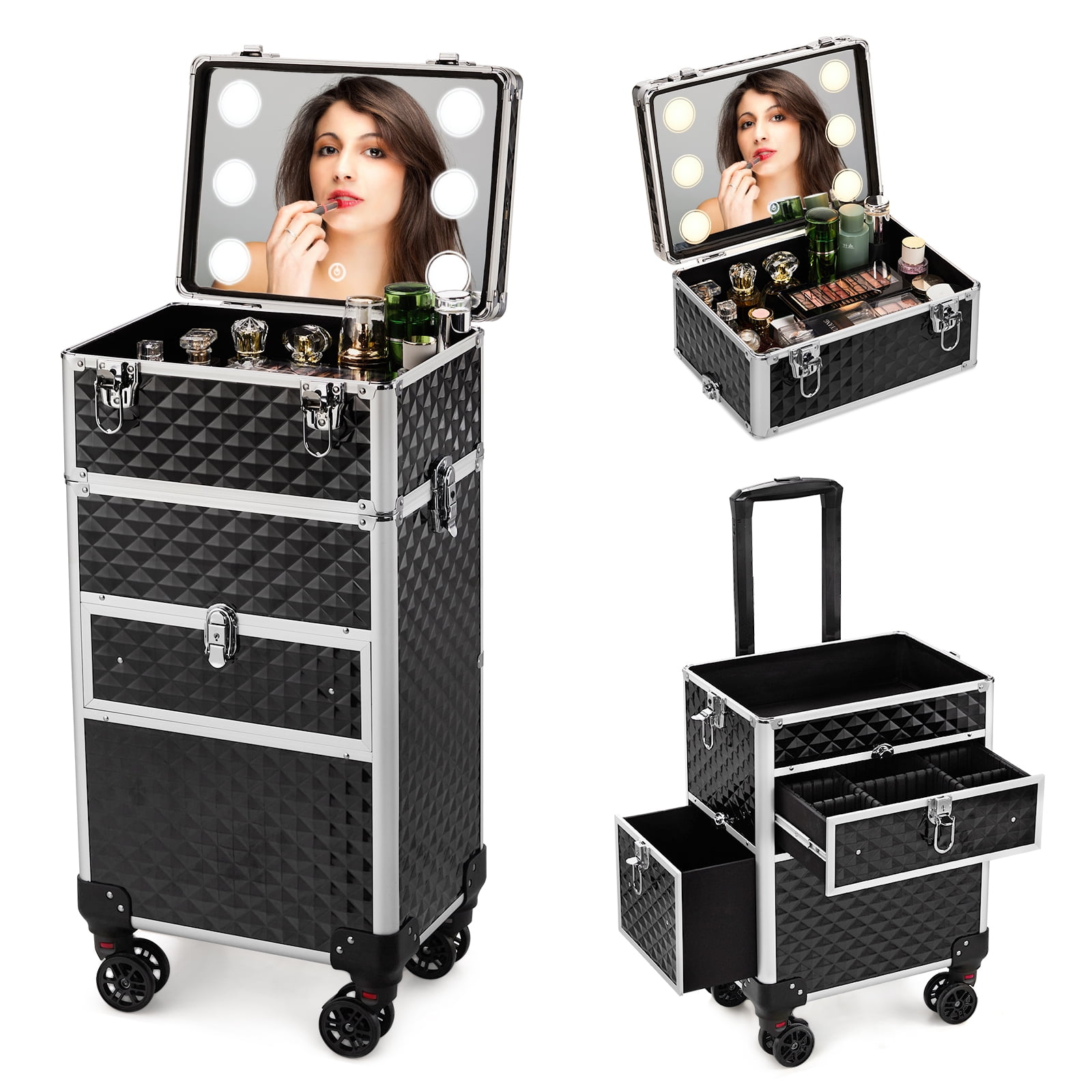 Zimtown Lockable Aluminum 3 in 1 Rolling Makeup Trolley Train Case Box ...