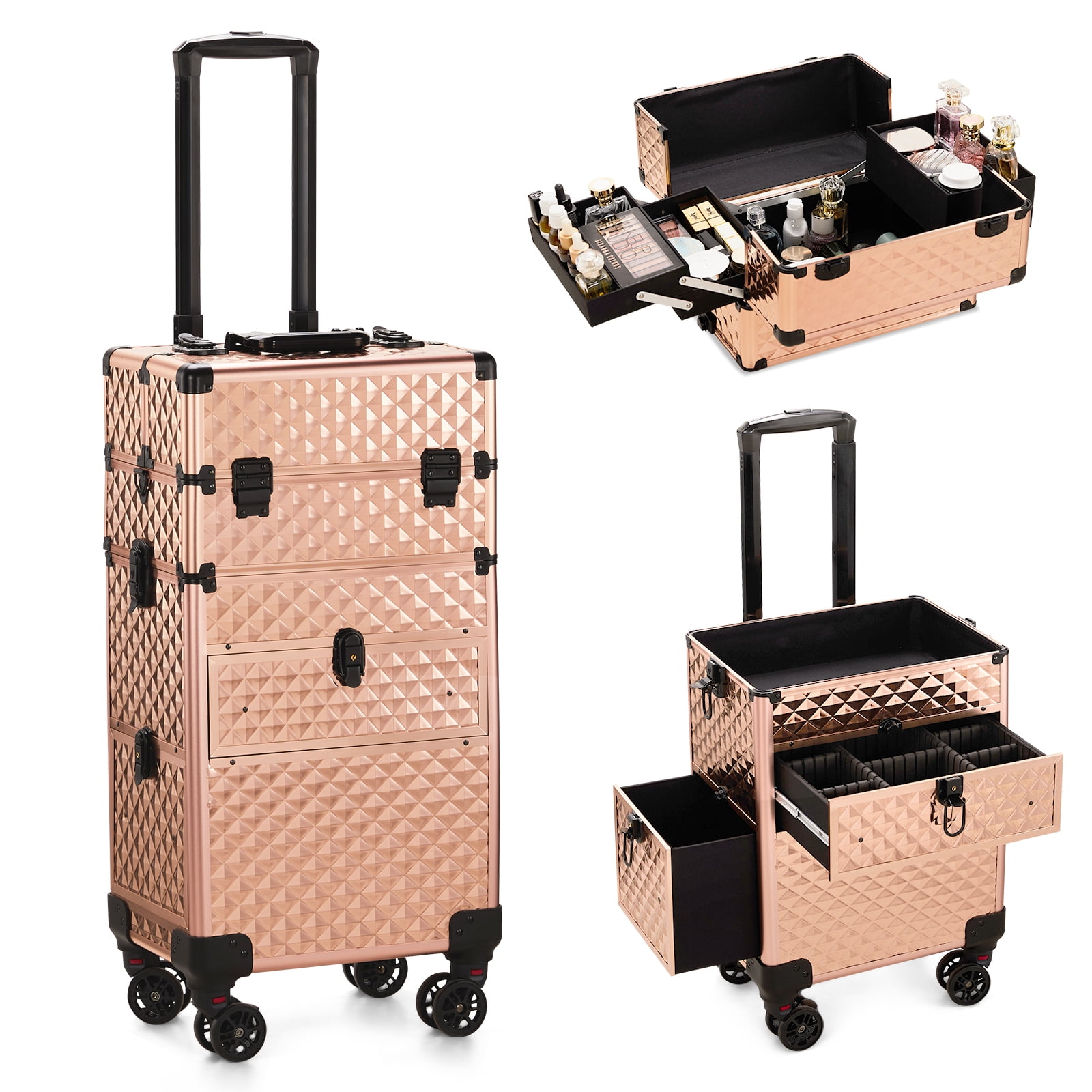 Zimtown Lockable Aluminum 3 in 1 Rolling Makeup Trolley Train Case Box ...