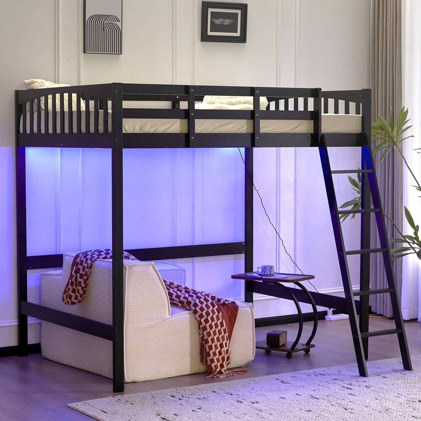 Zimtown Loft Bed Full Size with USB Charging Station/LED, Solid Wood ...