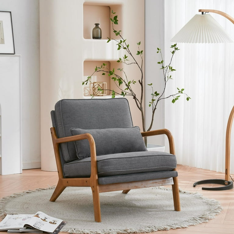 Zimtown Mid Century Retro Armchair Modern Upholstered Lounge Chair Linen Fabric Accent Chair with Sturdy Wooden Frame Dark Gray