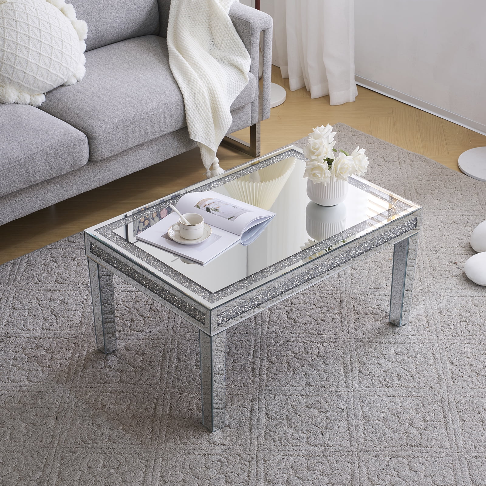 Zimtown Mirrored Coffee Table, Rectangle Mirror Cocktail Table with ...