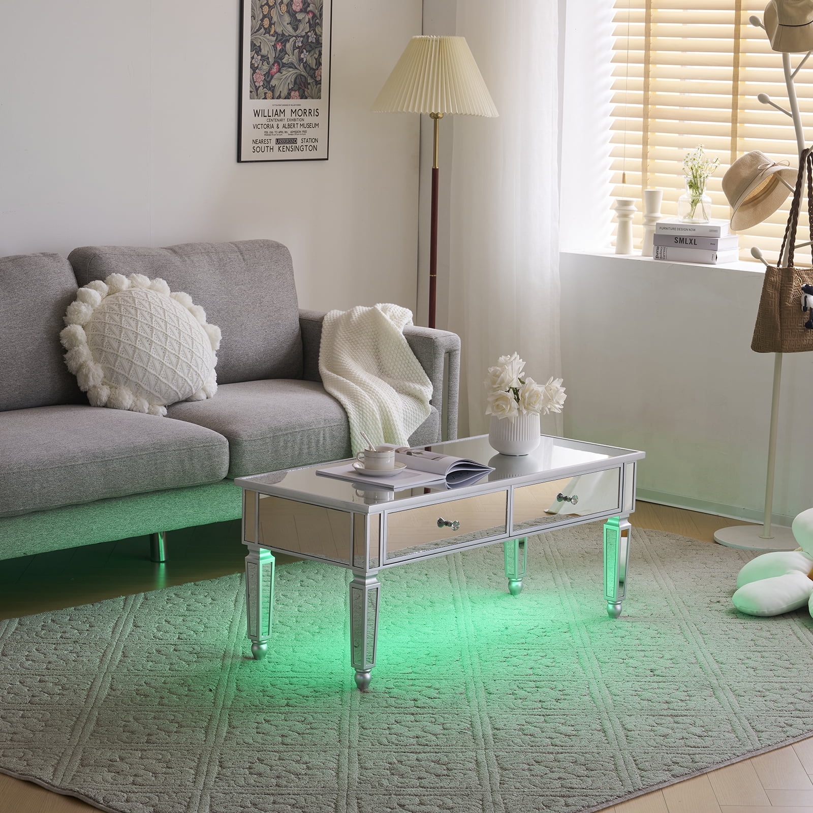 Zimtown Mirrored Coffee Table with LED Lights, 2 Drawers Rectangle ...