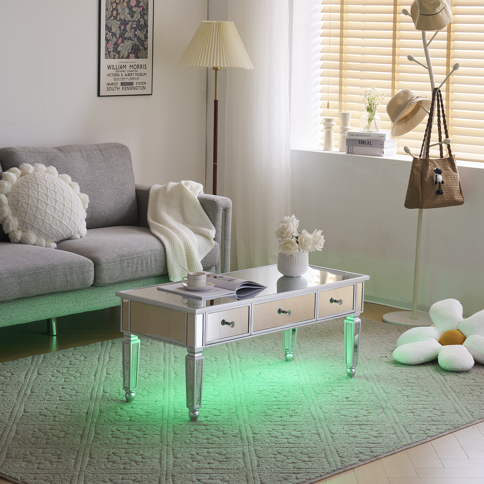 Zimtown Mirrored Coffee Table with LED Lights, 3 Drawers Rectangle ...