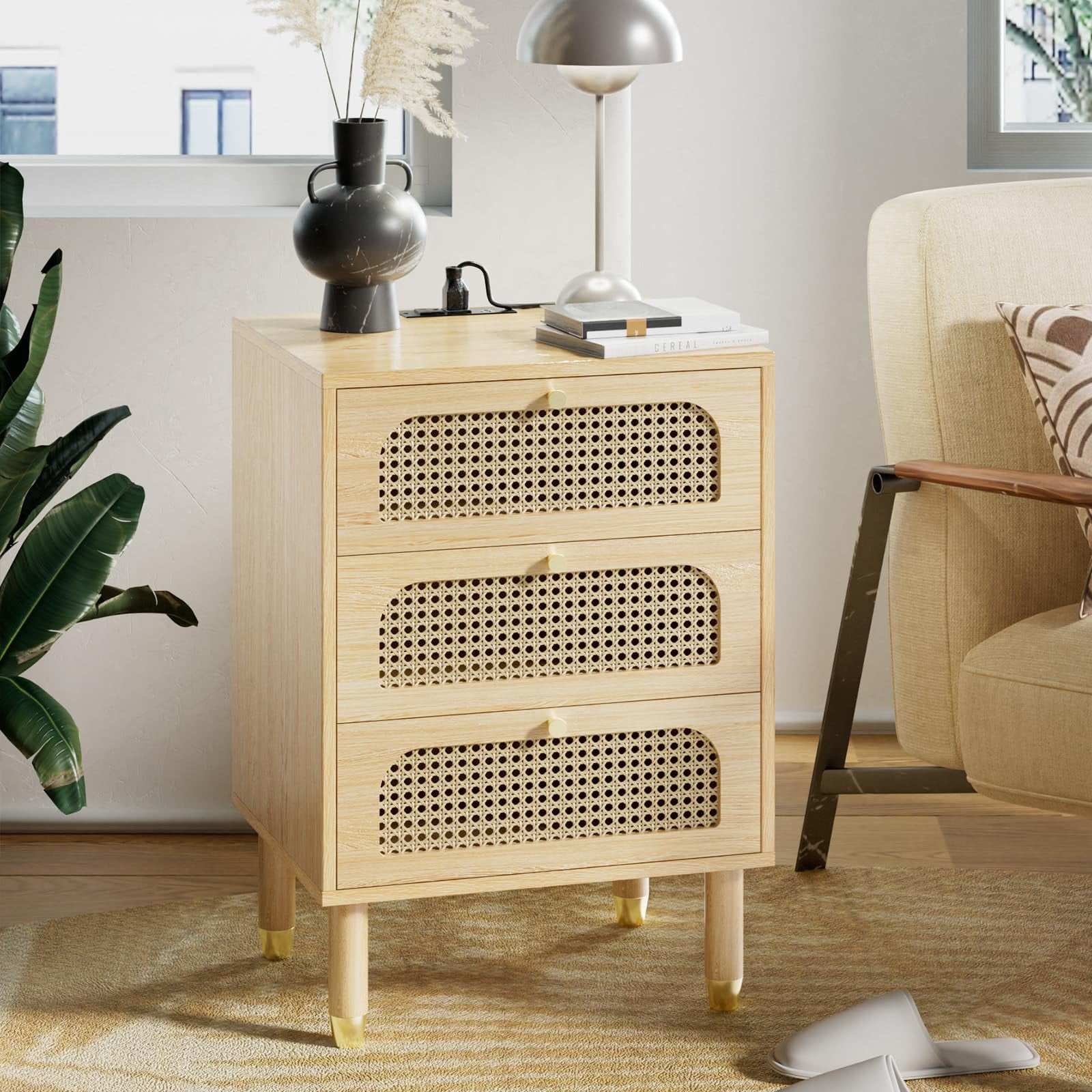 Zimtown Nightstand with Handmade Natural Rattan Drawers, Bed Side Table ...