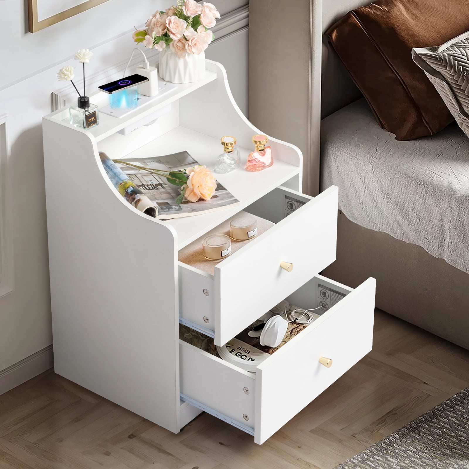 Zimtown Nightstand with Wireless Charging Station 2-Drawers Bedside ...