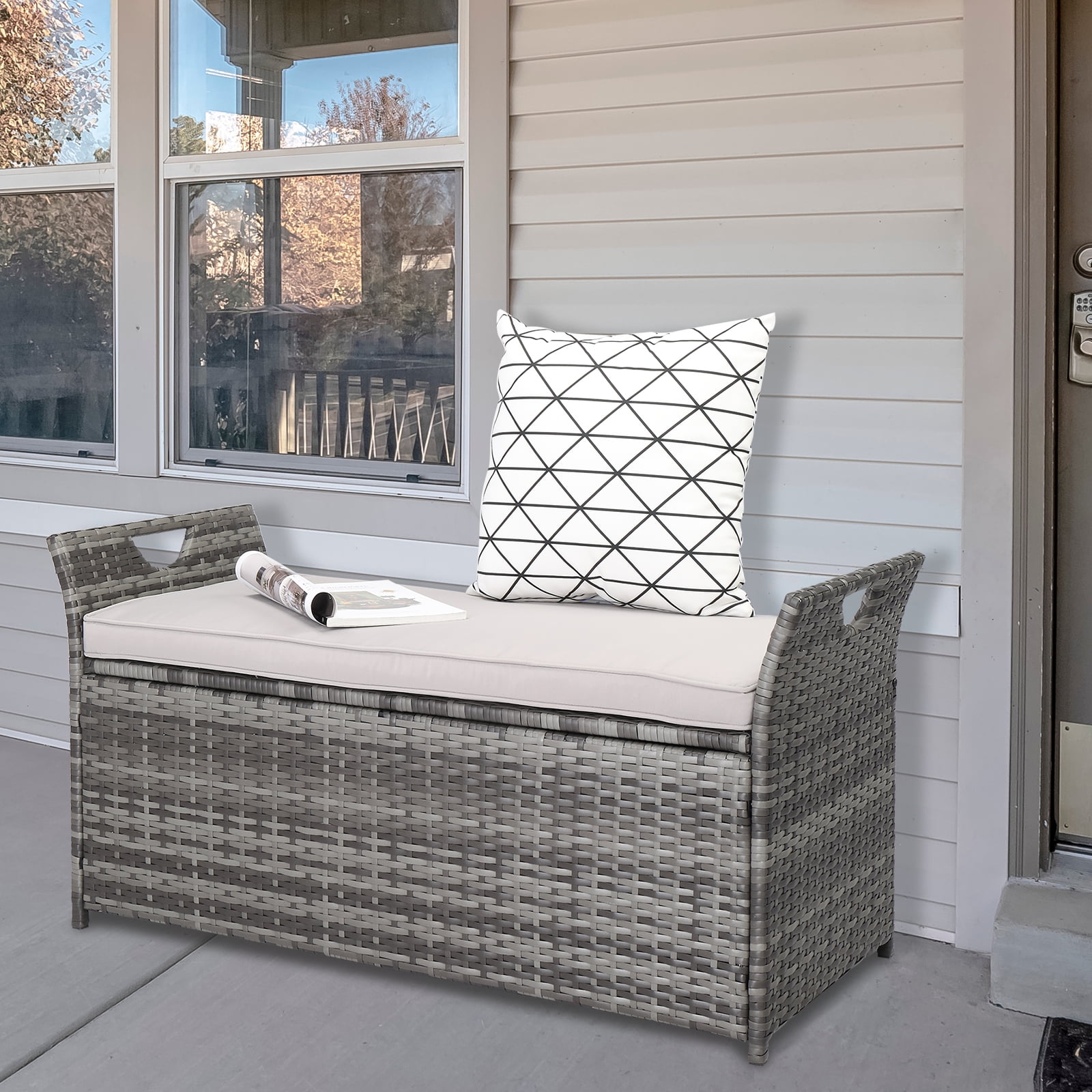 Zimtown 33 Gal Outdoor Wicker Deck Storage Box & Seating Bench w/Beige ...