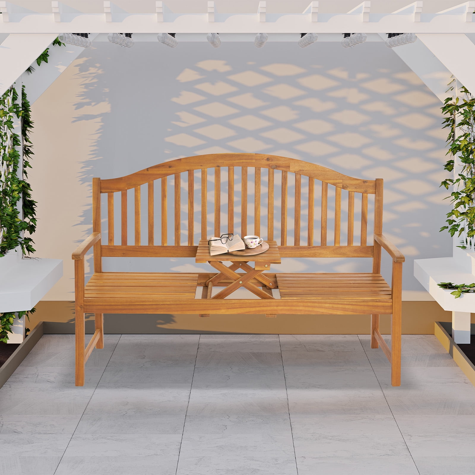 Zimtown Outdoor Bench, Wooden Garden Bench, 59 In Acacia Wood Bench for ...