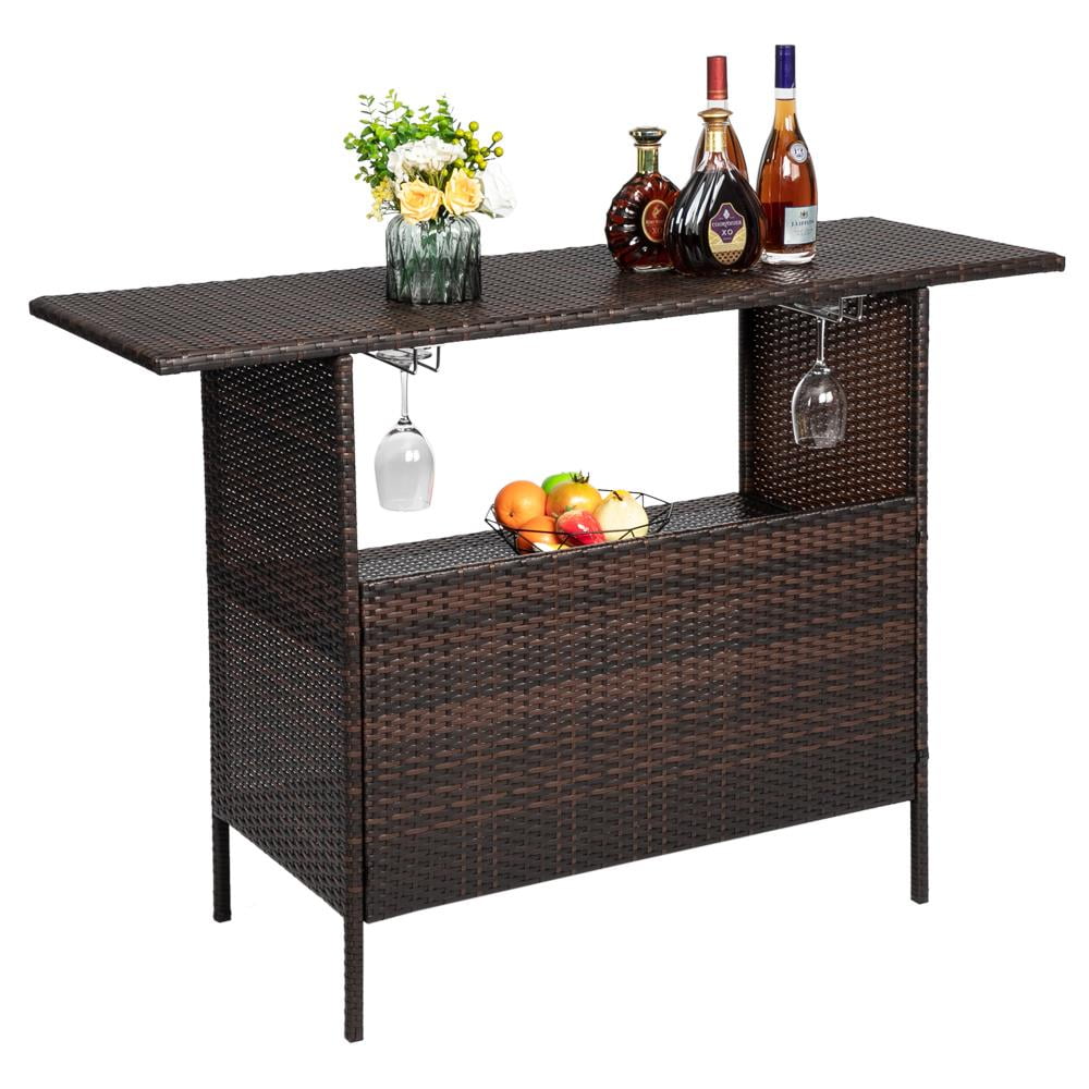 Zimtown Outdoor Wicker Bar Table, Rattan Balcony Furniture with 2 Steel ...