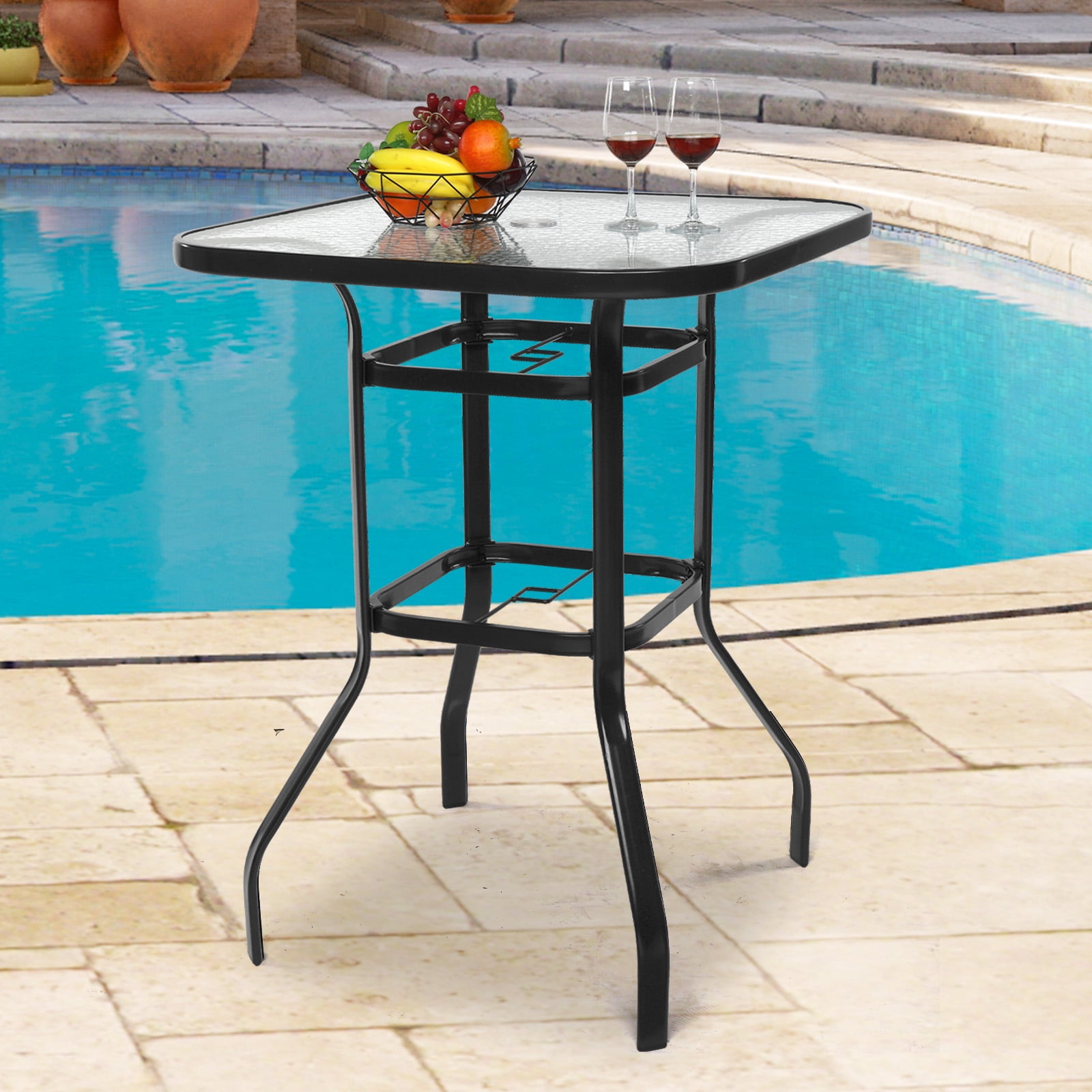 Zimtown Patio Bar Table with Tempered Glass Tabletop Square Outdoor Bar ...
