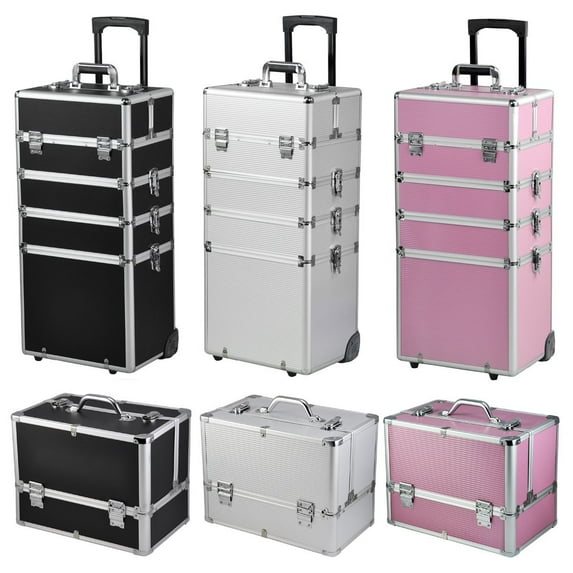 Zimtown 4-in-1 Rolling Makeup Case, Aluminum, Black, Draw-Bar Style, 13 ...