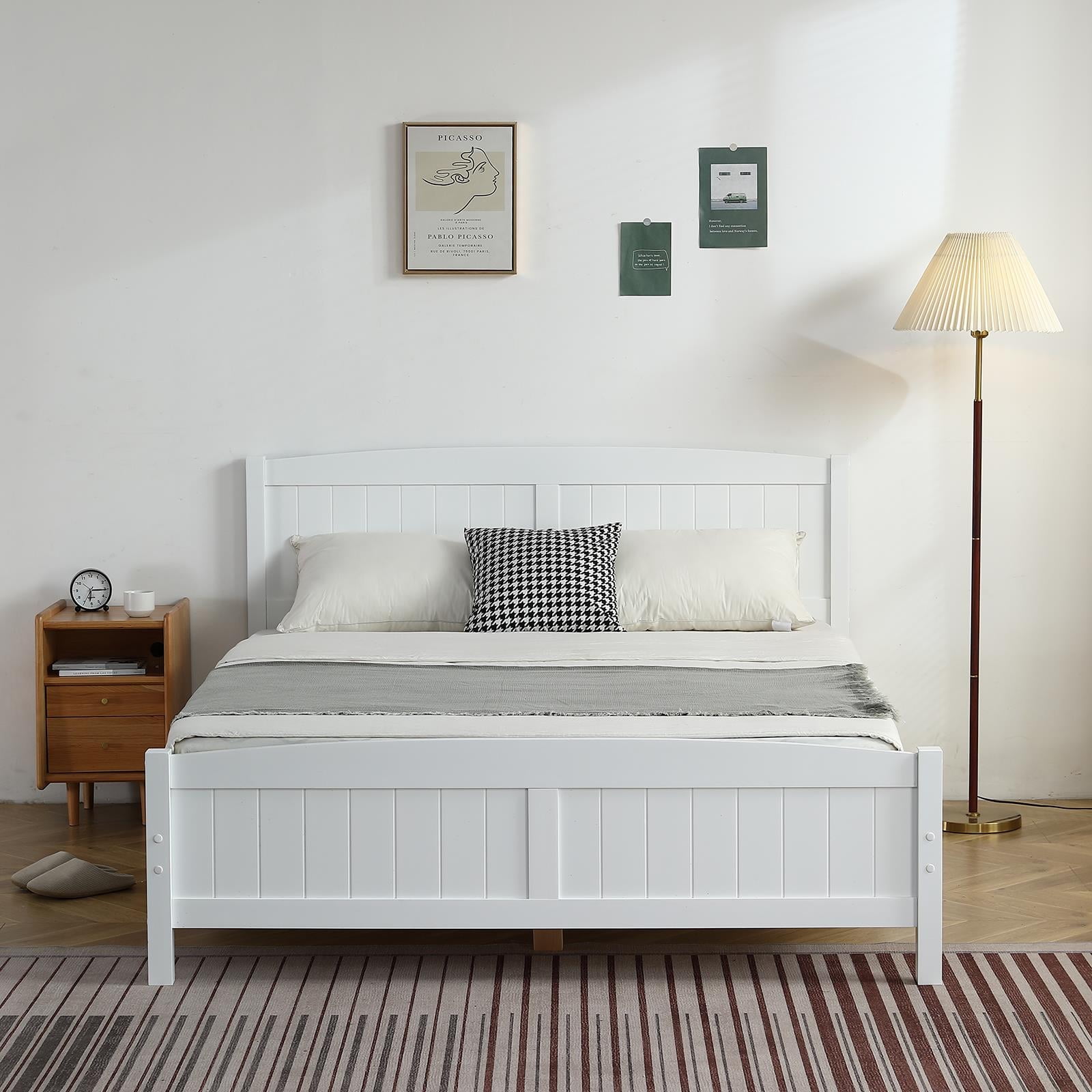 FCH Queen Bed Frame, Solid Pine Wood, White Platform Bed with Headboard ...