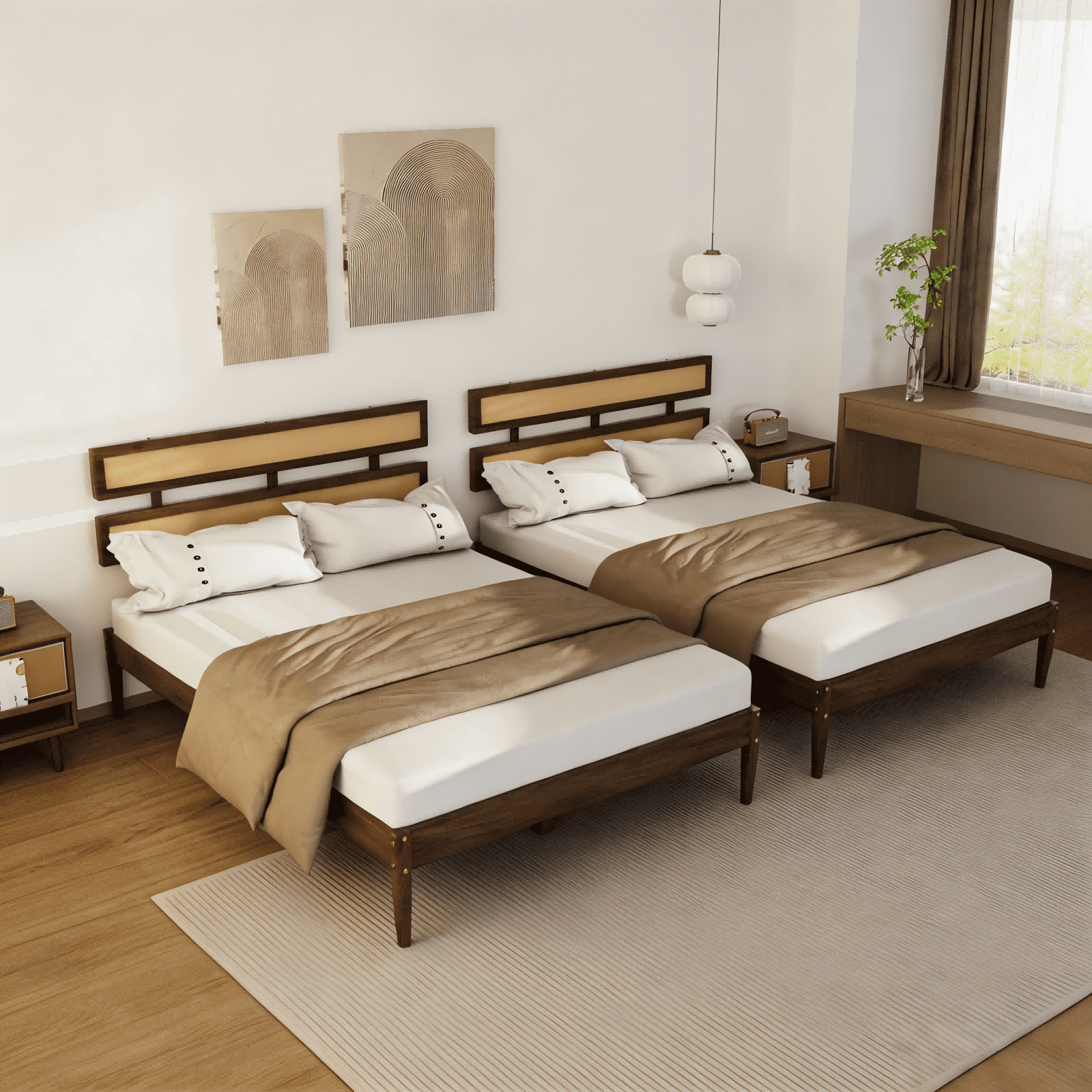 Zimtown Queen Set of 2 Bed Frame with Rattan Headboard, Solid Wood ...