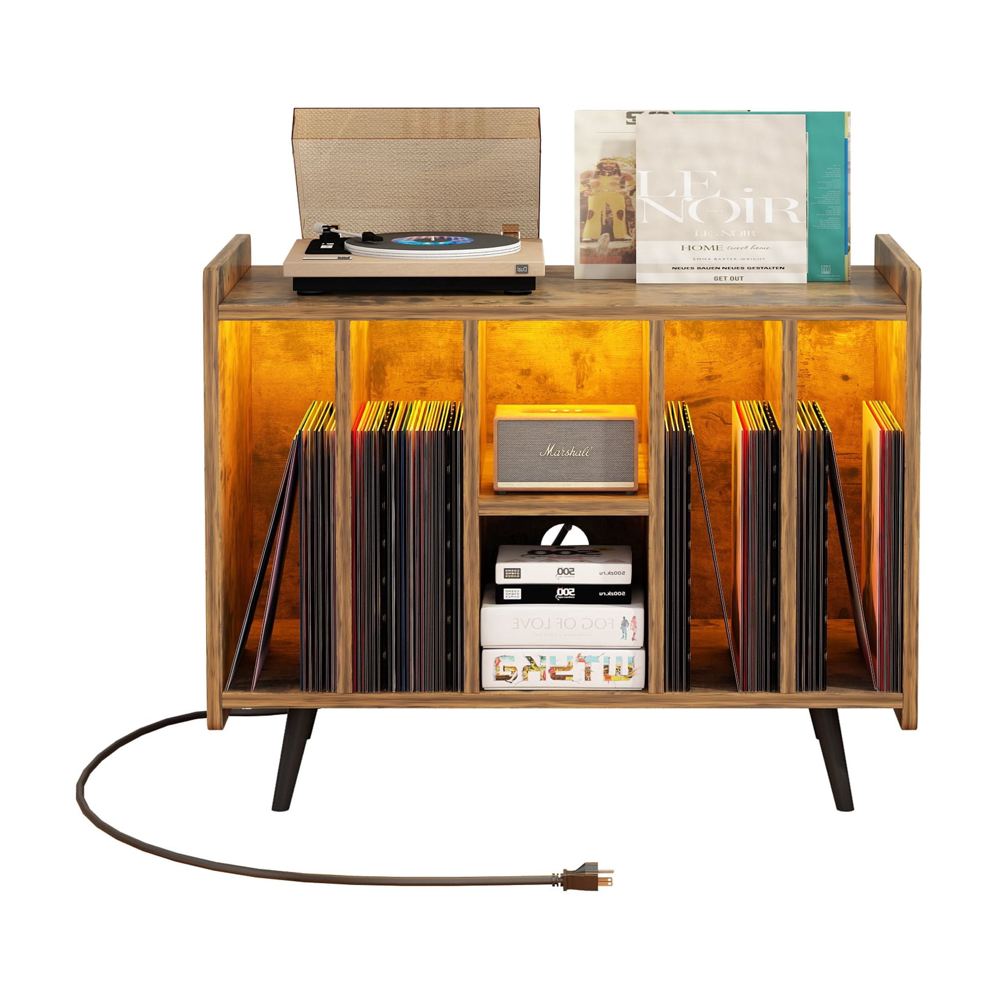 Zimtown Record Player Stand with Vinyl Storage LED Lights Charging ...