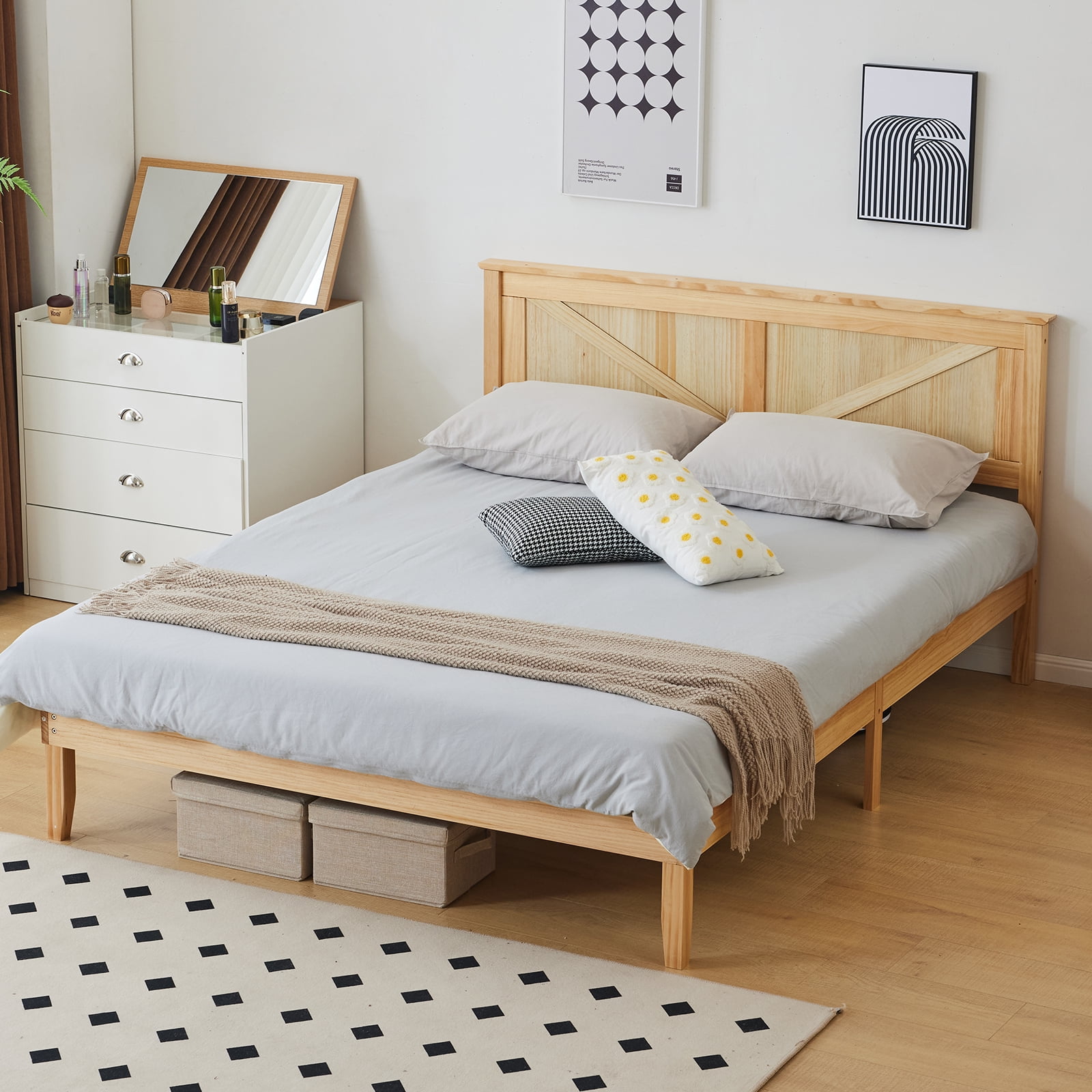 Zimtown Queen Bed Frame,Solid Pine Wood Kids Queen Platform Bed Frame ...