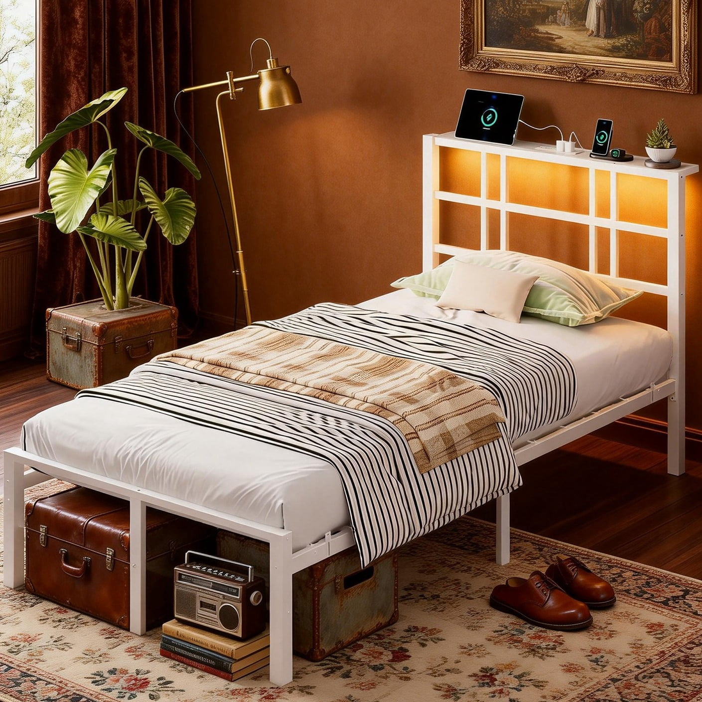 Zimtown Twin Bed Frame with Storage Headboard, LED Lights, and Charging ...